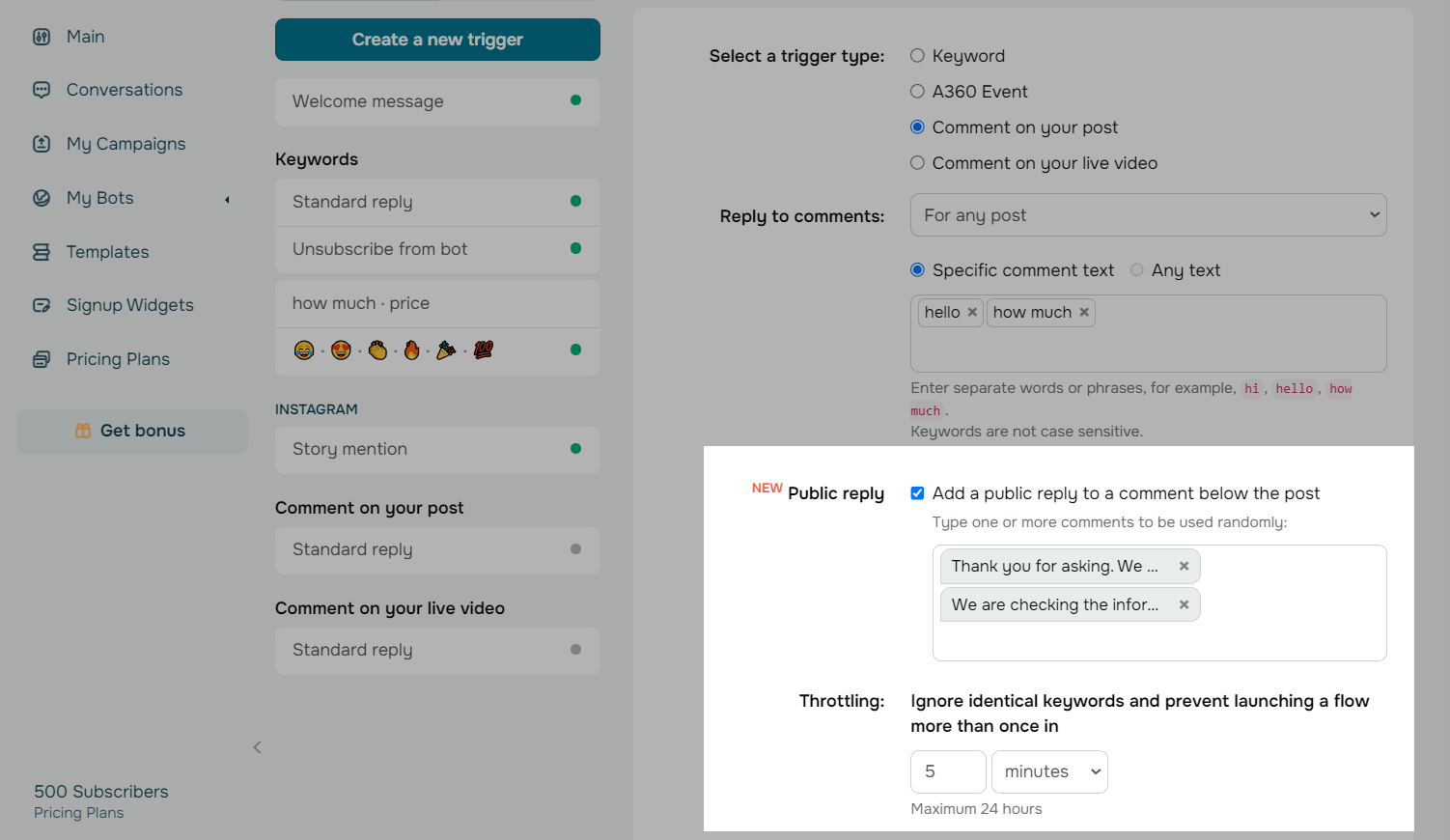 Как настроить триггеры запуска цепочки для Instagram чат-бота | SendPulse